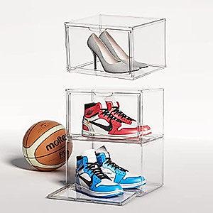 Shoe Storage Boxes Clear Stackable Acrylic Shoe Organizer for Closet, Sneaker Containers Bins Holders Shoe Containers with Lids, Sneaker Hangbag Display Case, Easy Assembly, Set of 3, Fit for Size 14