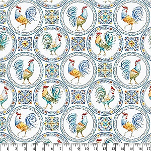 Rooster Medallion Cotton Fabric by The Yard, Precut 1 Yard Pieces