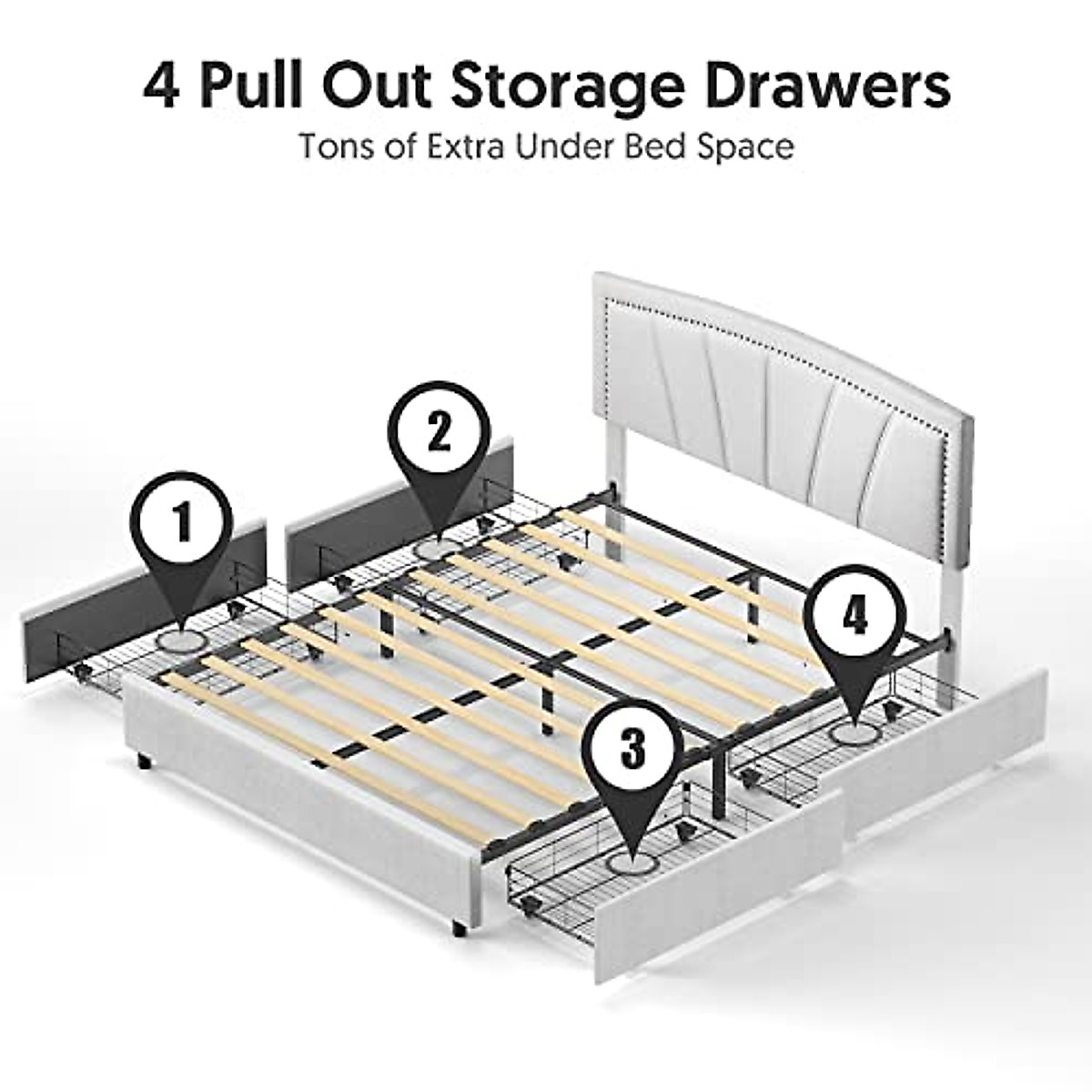 BONSOIR Queen Size Storage Bed Frame Upholstered Low Profile Traditional Platform with Tufted and Nail Headboard/No Box Spring Needed/4 Pull Out Drawers/Light Grey Linen Fabric (Queen Size)