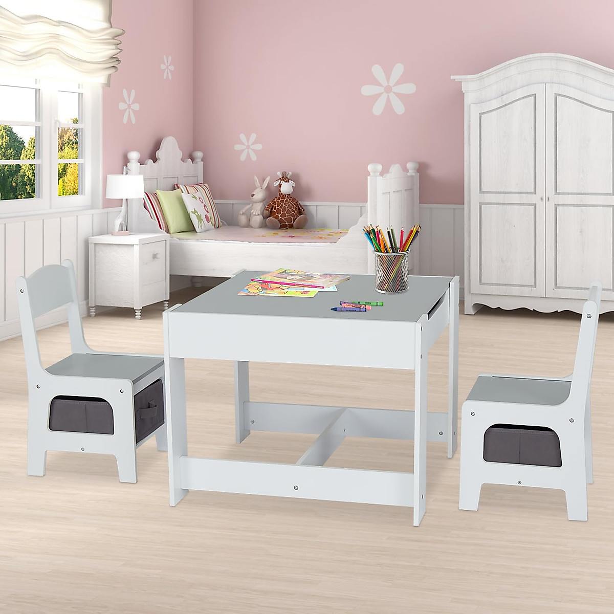 Kinfant Kids Table and Chair Set, Toddler Table and Chairs Set with Double Side Detachable Tabletop for Preschool Playroom Kindergarten (Gray)