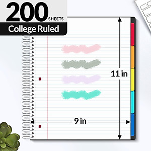 SUNEE 5 Subject Notebook College Ruled - 300 Pages, 8.2"x10.8", Spiral Lined Notebook with 5 Pocket Colored Dividers, 3-Hole Punched Paper, Black Notebooks for School Supplies, Home & Office, Writing Journal