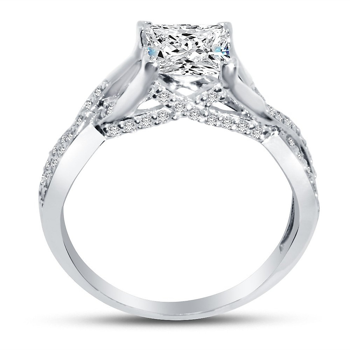 Size - 7 - Solid 14k White Gold Princess Cut Infinity Twist Solitaire Engagement Ring CZ Cubic Zirconia (2.0cttw., 1.0ct. Center)