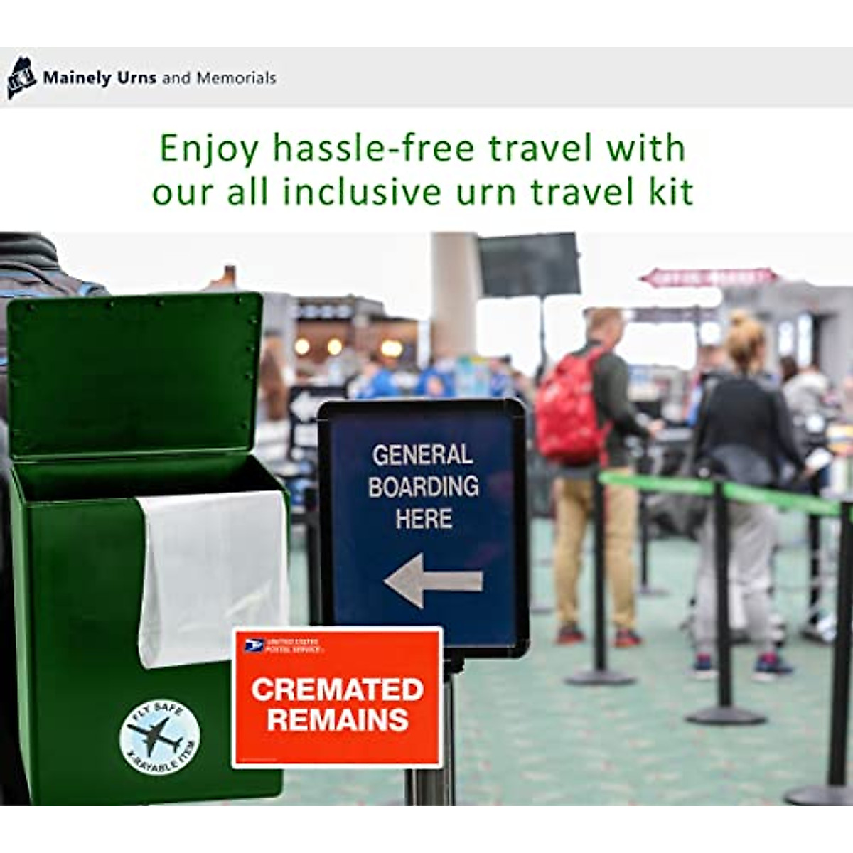 TSA Approved Fly-Safe and Temporary Travel Cremation Urn Kit for Human Ashes - Airline Friendly - 200 Cubic Inch Capacity - Airline-Ready Green Plastic Urn with Included Travel Box