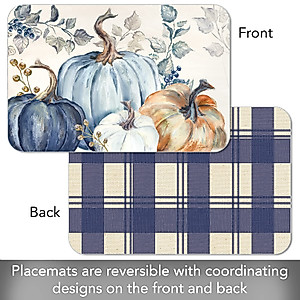 CounterArt Pumpkin Blues 4 Pack Reversible Easy Care Flexible Plastic Placemats Made in The USA BPA Free PVC Free Easily Wipes Clean