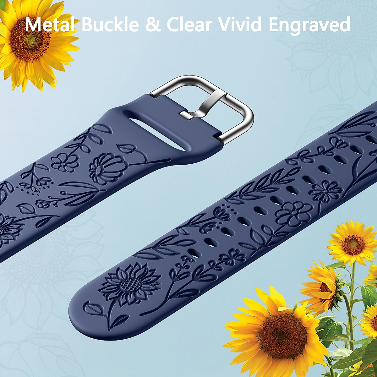SNBLK Galaxy Watch 5 Band, 40mm-44mm, Soft Silicone, Flower Design, Navy Blue