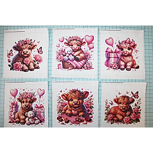 6 Piece 5"x5" Pink Valentine Baby Highland Cows 100% Cotton Fabric Panel Squares - Quilting Panel Blocks