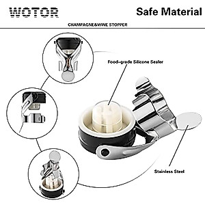 WOTOR Champagne&Wine Bottle Stoppers Stainless Steel with Food Grade Silicone, Leak Proof Keep Fresh Reusable Saver, Cork Suitable for Wine, Champagne, Cava, Prosecco and Sparkling (2 Pack Silver）