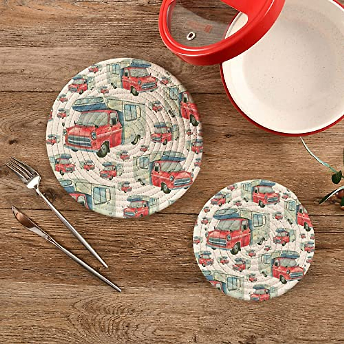Camper Motorhouse Summer Trivet Pot Holders Red Classic Camper Van Hot Pads Trivets Mats Heat Resistant Cotton Potholders Round Table Counter Mat for Kitchen Coaster Hot Pan Dish 2pcs