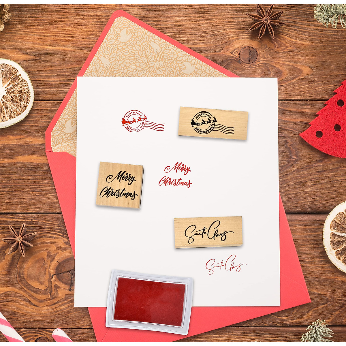 Christmas Wooden Rubber Stamps Set of 3 Merry Christmas Santa Claus Signature and North Pole Reindeer Mail Stamp with Red Ink Pad for Holiday Xmas Letter Envelopes Gifts Letters to and from Santa