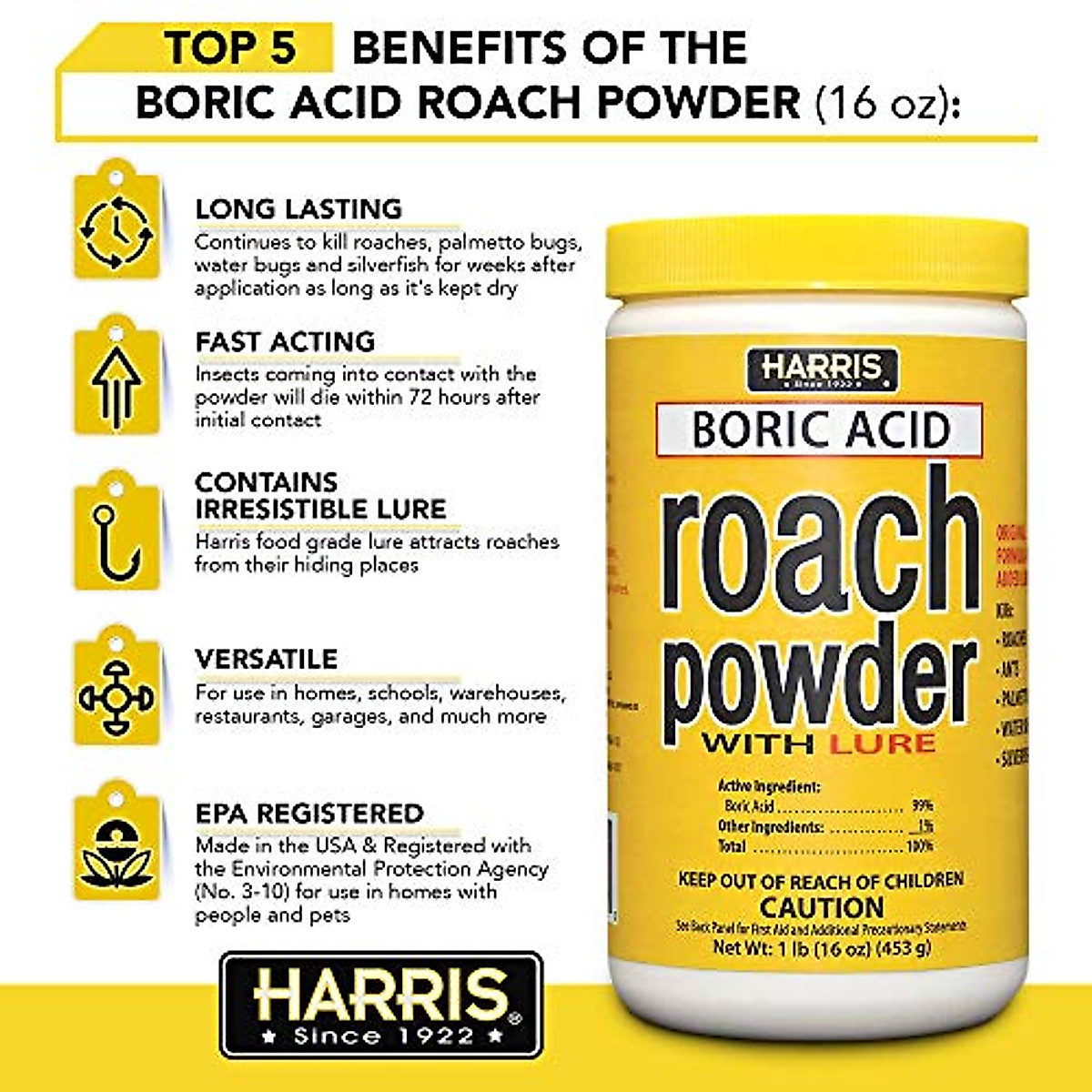 Harris Boric Acid Roach Killer Powder with Lure, 16oz