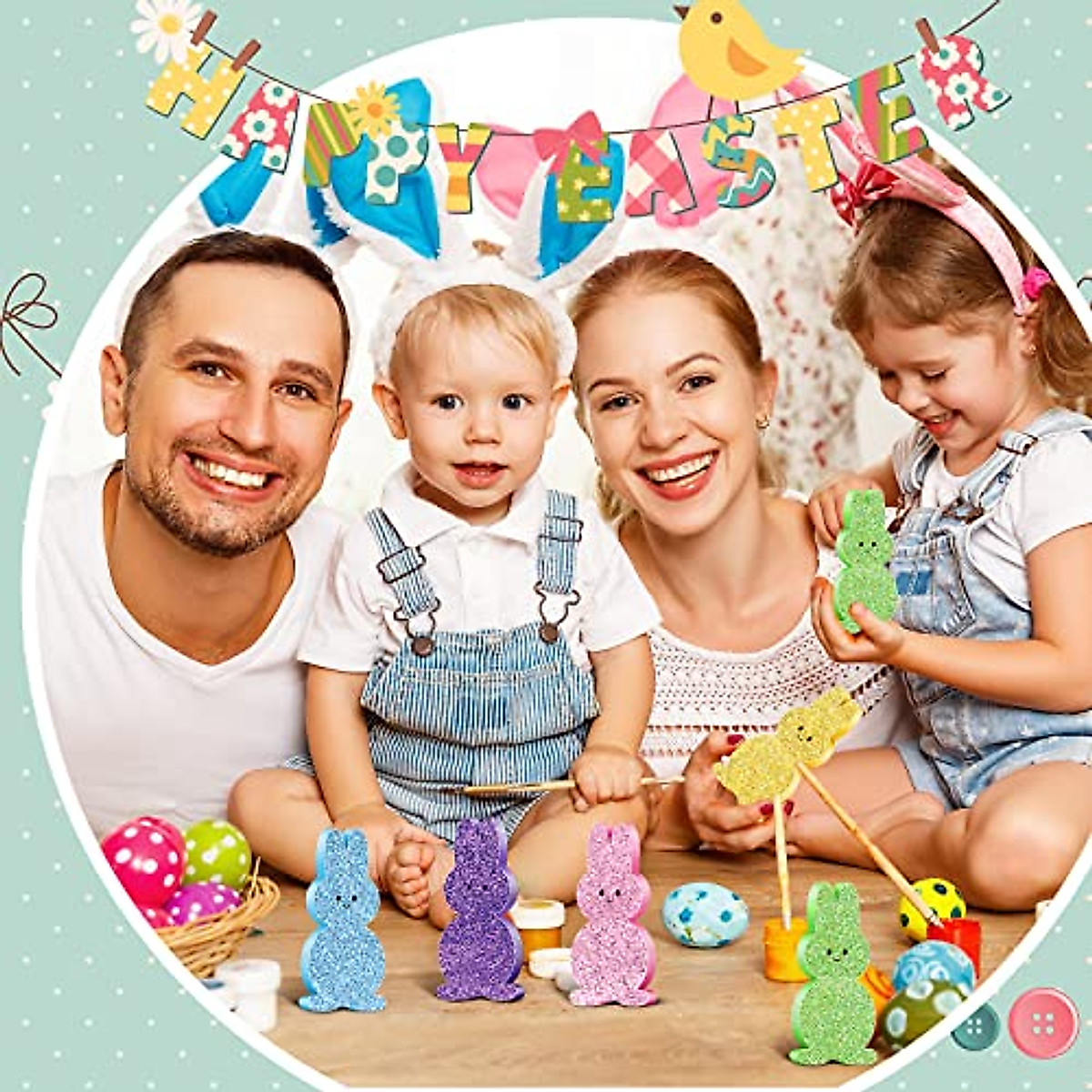 5 Pieces Easter Peep Tiered Tray Decor Spring Bunny Decor Easter Table Sign Colored Peeps Farmhouse Decor Wooden Bunny Decor for Spring Easter Birthday Home Office Farmhouse Party Decorations