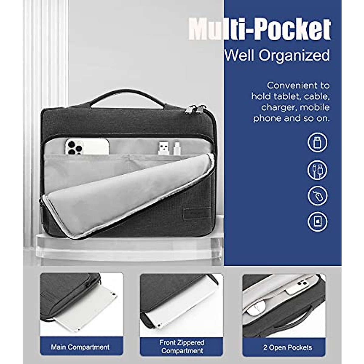 MoKo 9-11 Inch Tablet Sleeve Bag Carrying Case with Retractable Handle Fits New 11-inch iPad Pro M4/iPad Air M2 2024, iPad Air 5/4th 10.9, iPad 10th Gen 10.9, iPad Pro 11, iPad 9/8th 10.2, Black&Gray