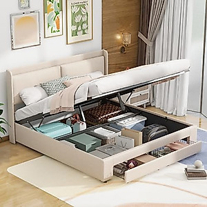 BOVZA Queen Size Lift Upholstered Platform 2 Drawers, Modern Wingback Headboard, Hydraulic Storage Bed Frame, Linen Beige