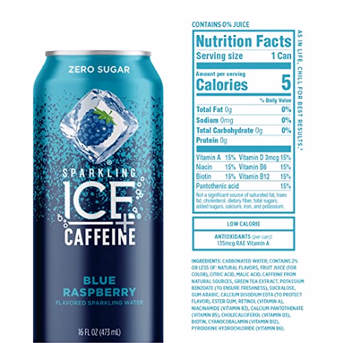 Sparkling Ice +Caffeine Blue Raspberry Sparkling Water, with Antioxidants and Vitamins, Zero Sugar, 16 Fl Oz (Pack of 12)