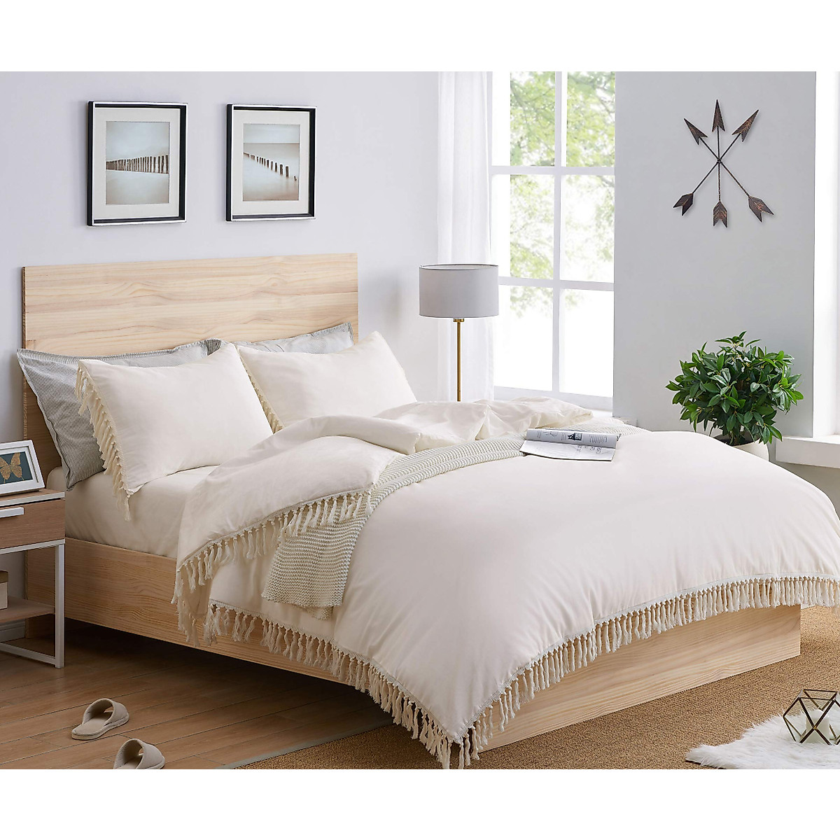 Sweet Jojo Designs Bohemian Boho Chic Ivory Macrame Tassel 3 pc. Full/Queen Size Bed Bedding Duvet Comforter Cover and Sham Set Off White Cotton Fringe Textured Tufted Luxury Minimalist Farmhouse