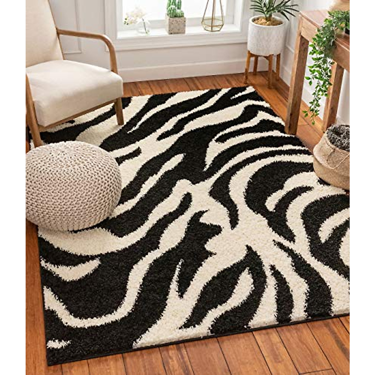 Well Woven Madison Shag Safari Zebra Black Animal Print Area Rug (3'11" x 5'3")