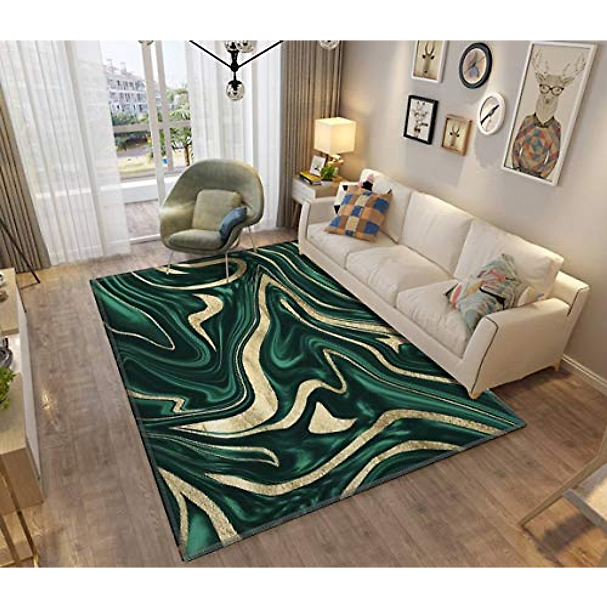 VioletAtelier Home Area Rug, Emerald Green Black Gold Marble 1 Decor Art Rugs for Living Room Bedroom Dining Room Playroom Sofa Indoor, 63x94 Inch