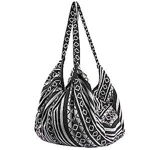 Tribe Azure Jacquard Cotton Shoulder Banana Style Fashion Travel Canvas Tote Bag Hobo Style Casual Market Purse Handbag (Black White)