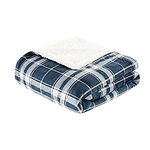 Comfort Spaces Aaron Sherpa Comforter and Throw Combo Set, Ultra Softy Fluffy Warm Checker Plaid Pattern Cold Weather Bedding, Full/Queen, Navy,CS10-0409