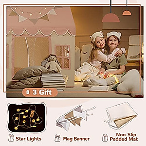 Kids Play Tent with Non-Slip Mat, Star Lights, Decorating Flag, Dots Curtains Playhouse with 4 Windows, Machine Washable, Indoor and Outdoor Play Tent for Kids, Girls, Pink, 47" x 40" x 52"