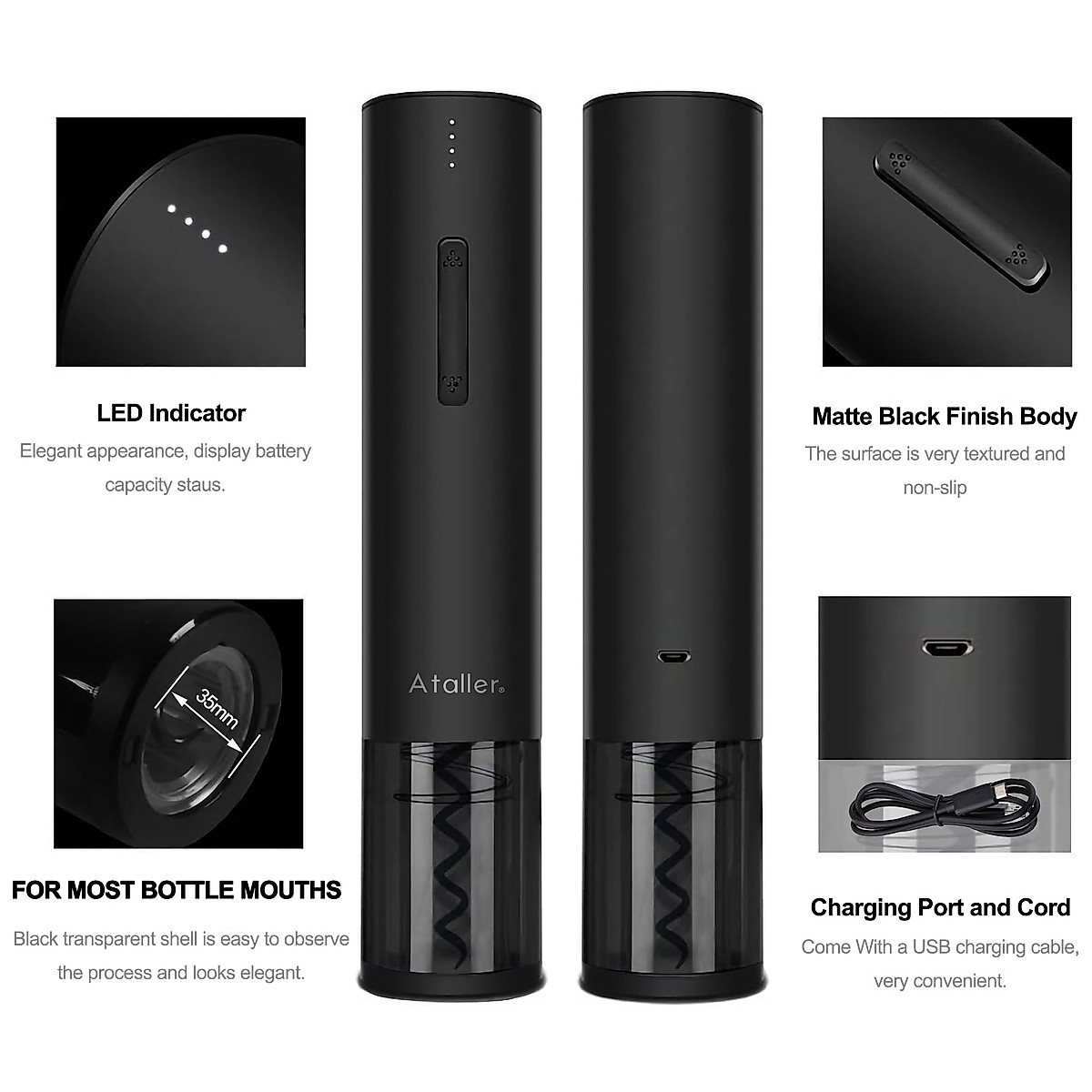 Ataller 4-in-1 Electric Wine Bottle Openers Set, USB Rechargeable Automatic Wine Corkscrews with 1 x Wine Pourer and 1 x Foil Cutter and 2 x Vacuum Wine Stoppers