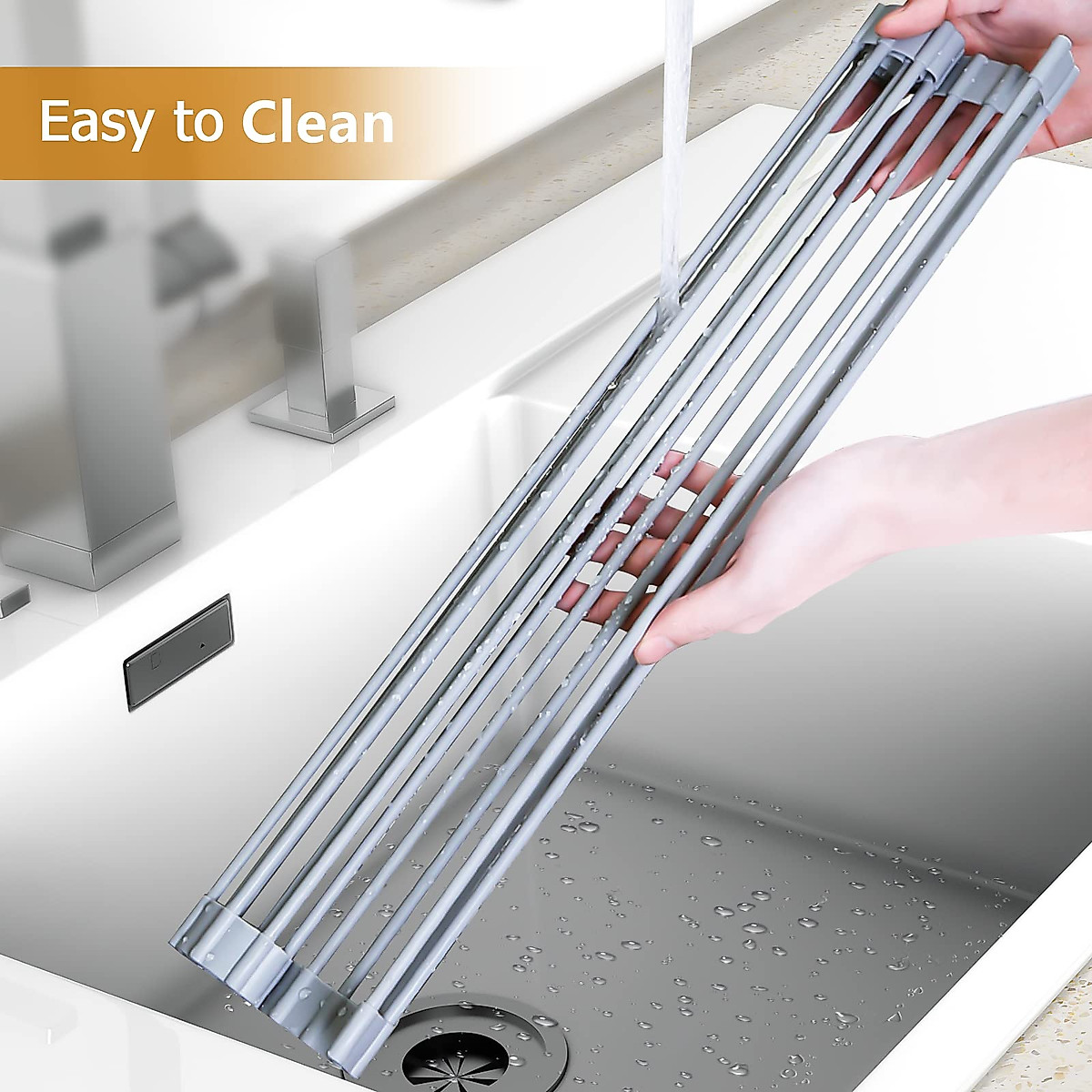 FURNINXS Roll Up Dish Drying Rack Over The Sink, Silicone Stainless Steel Foldable Dish Drying Rack for Kitchen Counter(17" x 13")