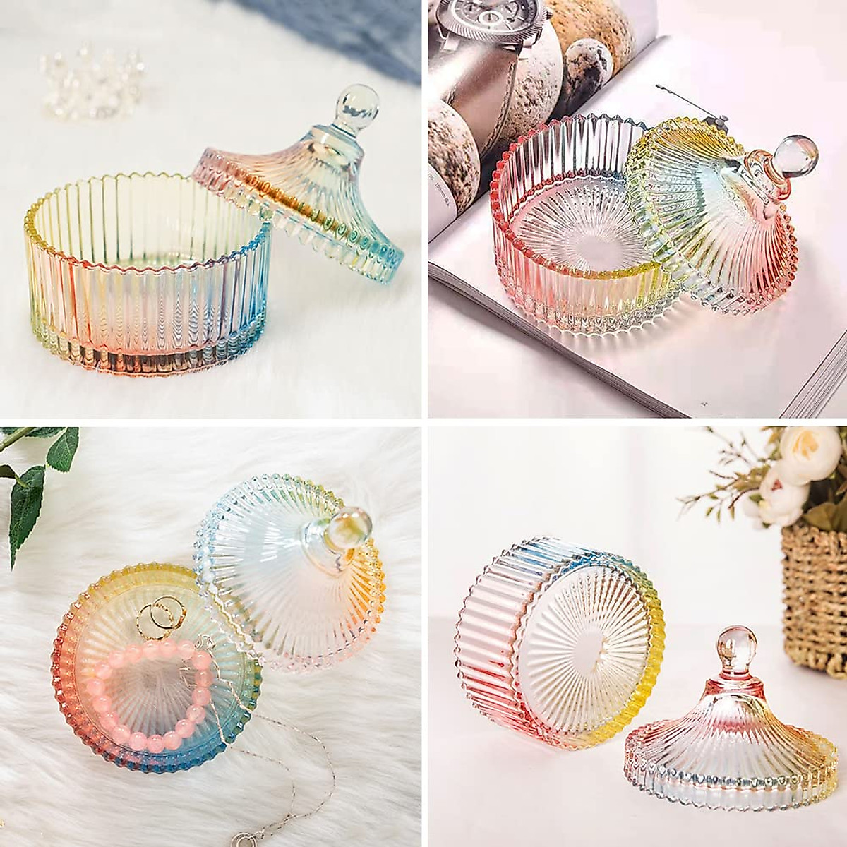 300ml/10oz Colorful Glass Candy Dish with Lid Tent Shaped Crystal Candy Jar Apothecary Jar Wedding Candy Buffet Jar Food Jar Biscuit Containers Decorative Jewelry Box