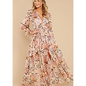 Women's Long Sleeve Floral Maxi Dress V Neck Casual Long Dresses Cocktail Beach Party Maxi Dress Pink