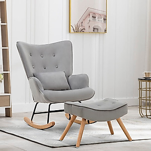 Artechworks Modern Velvet Rocking Chair, Glider Chair with Ottoman Cushion, Nursery Mid Century Upholstered Tufted Chair Rocking Armchair Rocker Accent Chair for Livingroom, Balcony, Grey