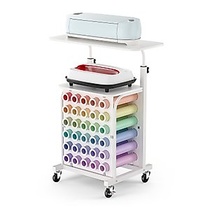 Zefinot Rolling Craft Cart with Vinyl Roll Holder and Adjustable Table Height, Craft Organizers and Storage Table Compatible with Cricut Machine for Craft Room