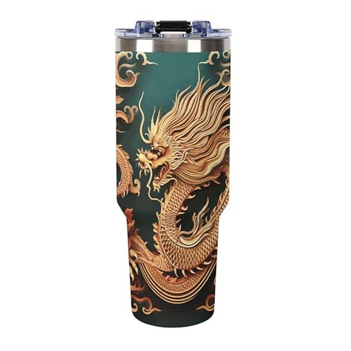40 Oz Vacuum Tumbler with Deep Blue Handle Leakproof Insulated Tumbler Dragon Chinese Background Stainless Steel Travel Mug with Lid And Straw Coffee Cup Cute Water Bottles Cup Holder Friendly