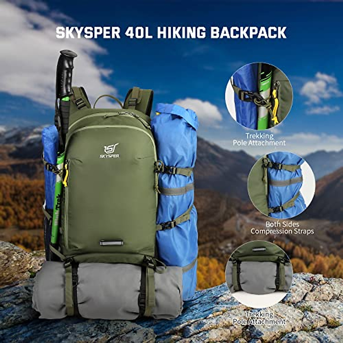 SKYSPER Hiking Backpack 40L Waterproof Camping Backpack Lightweight Hiking Daypack, Travel Back Pack for Men Women