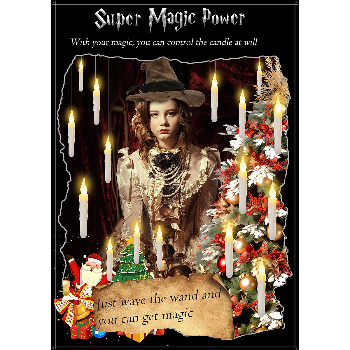 Floating Candles with Wand Remote, 4Pcs Magic Warm Flickering Flameless Hanging Candles,Battery Operated Window LED Taper Lights for Halloween Christmas Decor Home Party