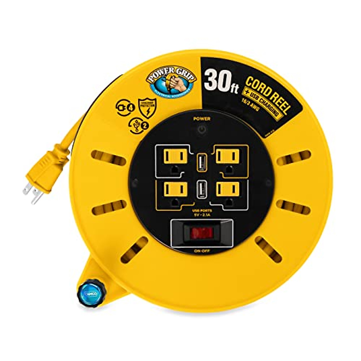 Camco Power Grip 30-Foot Extension Cord Reel with USB Charging Ports | Provides an Extended Length to Power Your Equipment and Devices | Features Multiple Built-in Power Outlets (55290)