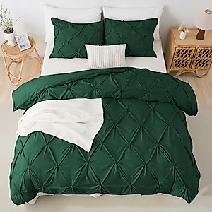Litanika Dark Emerald Green Queen Pinch Pleat Duvet Cover, 3 Pieces Pintuck Cover Soft Microfiber Bedding Set with Zipper Closure & Corner Ties(90x90Inch-1 Duvet Cover, 2 Pillowcases)