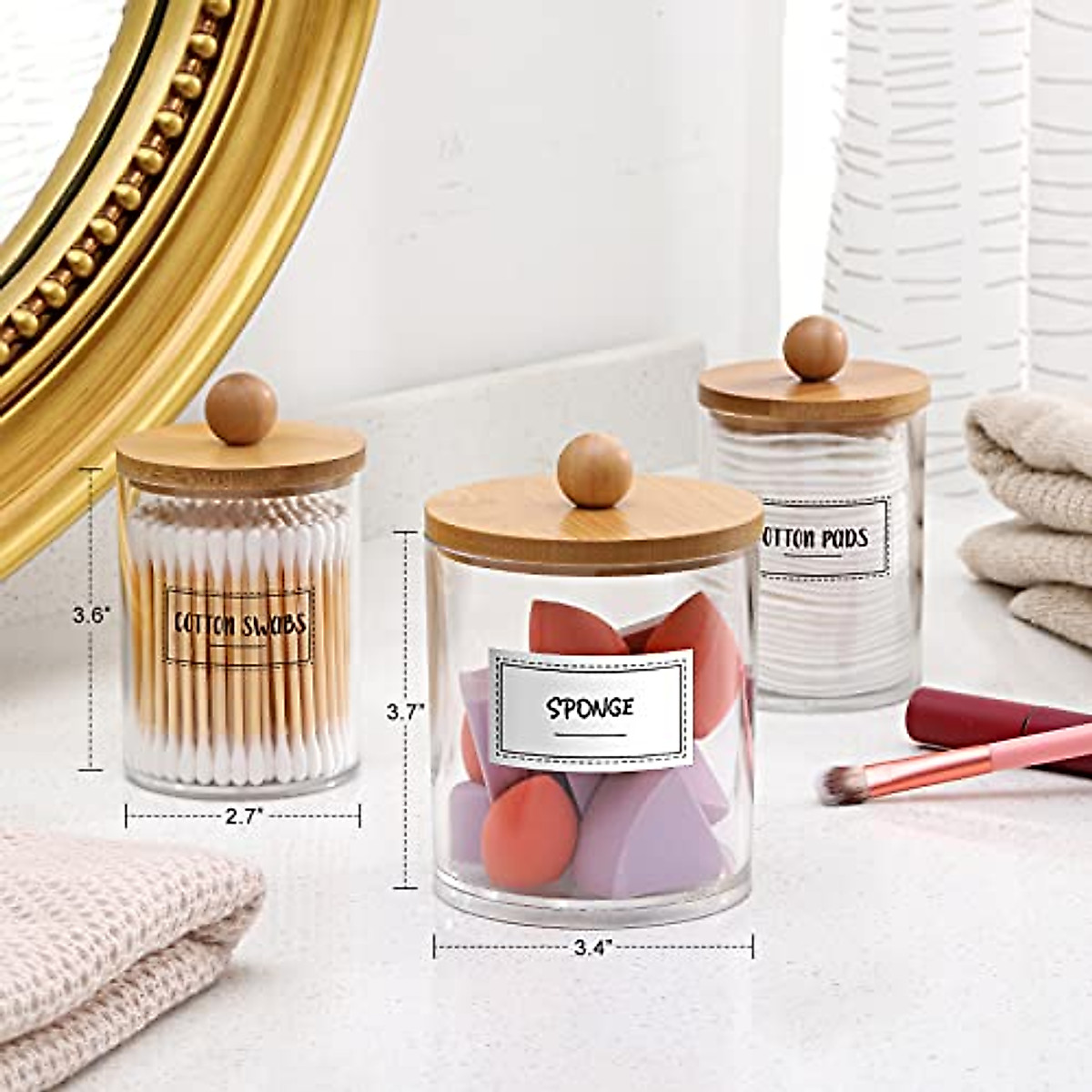 VITEVER 3 Pack Qtip Holder Dispenser with Bamboo Lids - Apothecary Jar Containers for Vanity Organizer Storage - Bathroom Accessories Set for Cotton Swab, Ball, Pads, Floss