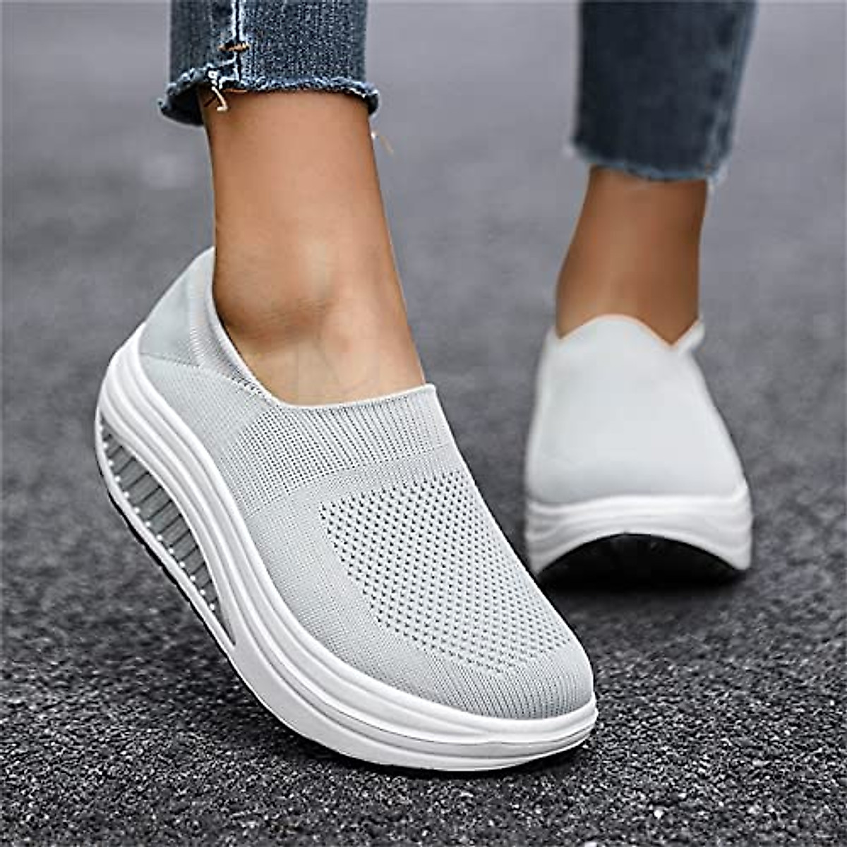 Platform Wedge Sneakers for Women Fashion Orthopedic Fashion Mesh Air Comfort Chunky Sole Hidden High Heels Slip On Loafers Breathable Walking Work Shoes with Arch Support (White, 9)