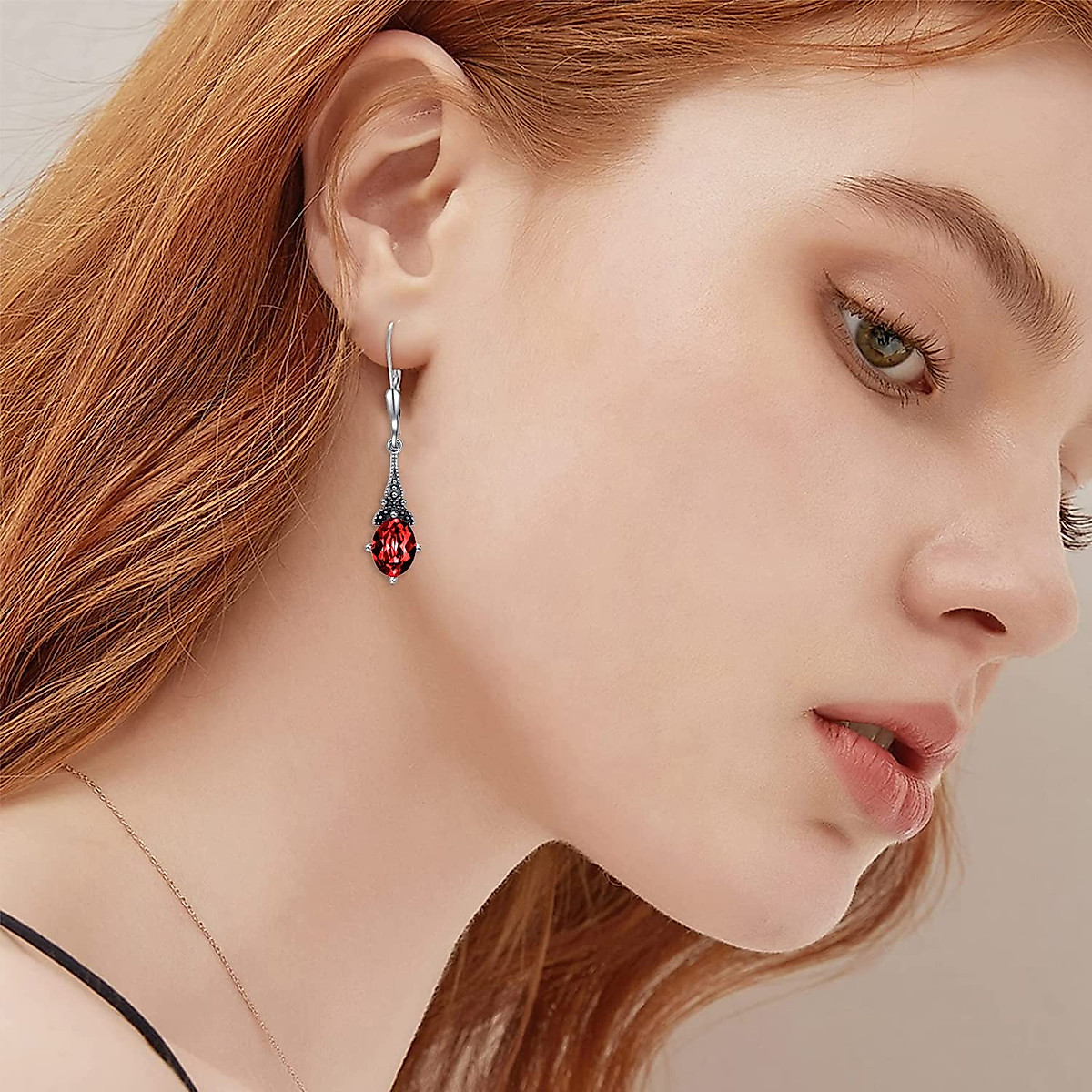 Vintage Leverback Ruby Earrings Sterling Silver Retro Drop Earrings with Oval Red Simulated Birthstone Crystal from Austria, Earrings Gifts Birthday Jewelry for Women