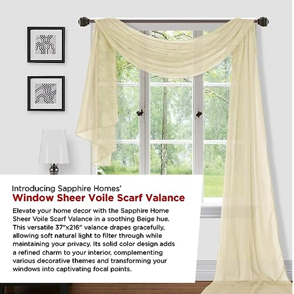 Sapphire Home Window Scarf Valance Curtains - Extra Long Sheer Valances for Windows - Voile Swag Curtains for Living Room, Kitchen, and Bedroom Decor, Weddings, Events - 37" x 216" - 1 pc - Royal Blue