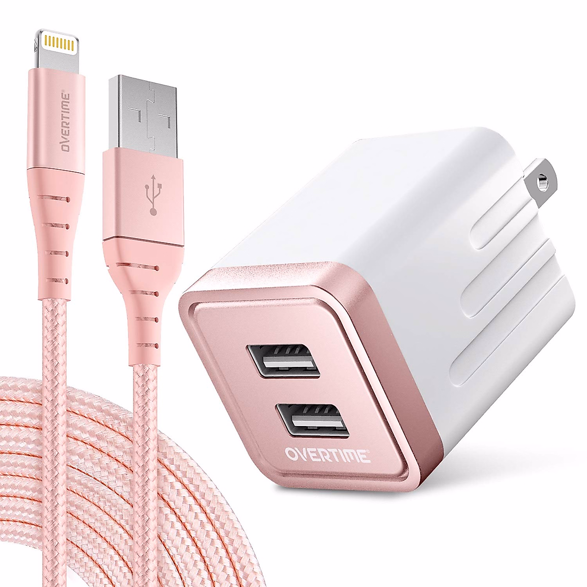 overtime iPhone Charger Set, Apple MFi Certified Lightning Cable with Dual USB Wall Adapter 2.4 AMP Compatible w/iPhone 11 Pro Max XS XR X 8 7 6S 6 Plus SE AirPods iPad (Rose Gold/Rose Gold, 10ft)