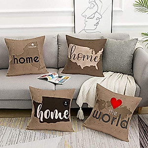 Xihomeli Cotton Linen Home Decorative 18x18 Inch Throw Pillow Covers Set of 4 Wood Grain America Map Washington New York Cushion Case Love The World Quotes Pillowcase