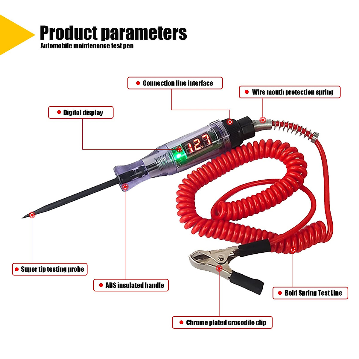 Sodcay 1 PC Automotive Test Light Digital LED Circuit Tester, DC 3V/6V/12V/24V Inductive Test Pen with 70.8 Inches Retractable Spring Wire, for Checking Vehicle Car Truck Motorcycle (Black & Red)