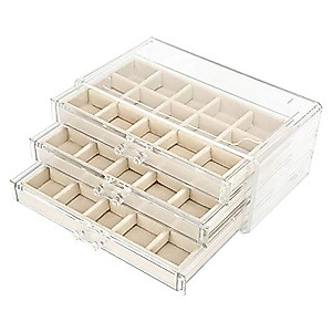 FEISCON Acrylic Jewelry Organizer Makeup Cosmetic Storage Organizer Box Clear Jewelry Case with 3 Drawers Adjustable Jewelry Box Velvet Trays Grid Size