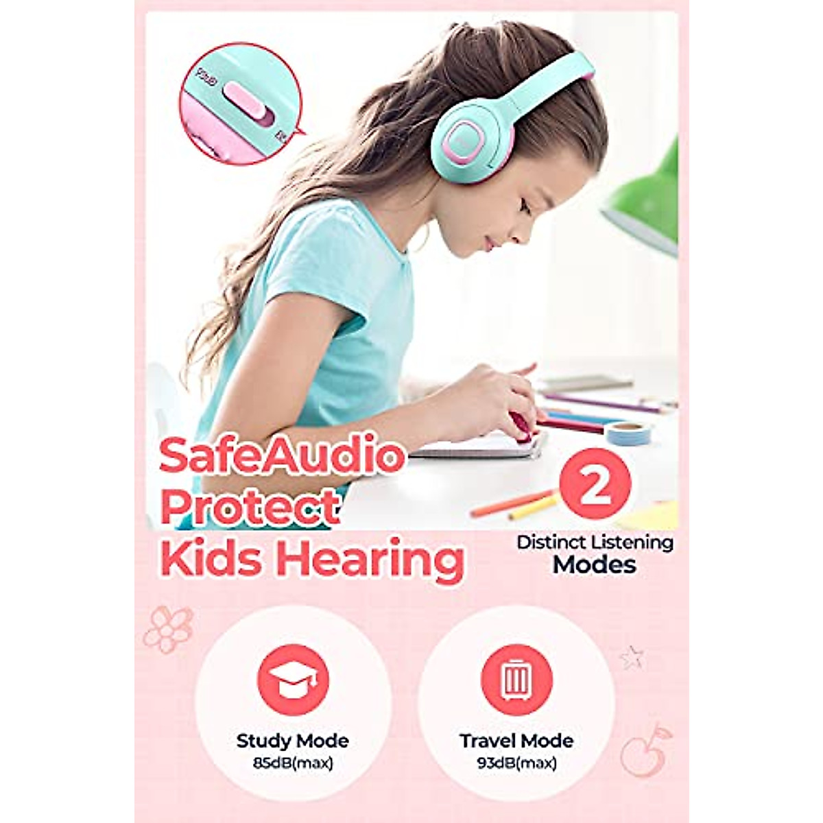 Picun E5 Kids Wireless Headphones with Microphone, Bluetooth 5.0 Over Ear Wireless Kids Headphones with Volume Control 85dB/93dB, 40H Playtime, Sharing Function, for School/iPad/Tablet/Boys/Girls