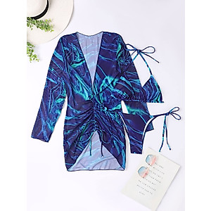 COZYEASE Women's 3 Piece Swimsuits Drawstring Triangle Halter Tie Side Thong Sexy Bikini Set with Cover Up Multicolor M