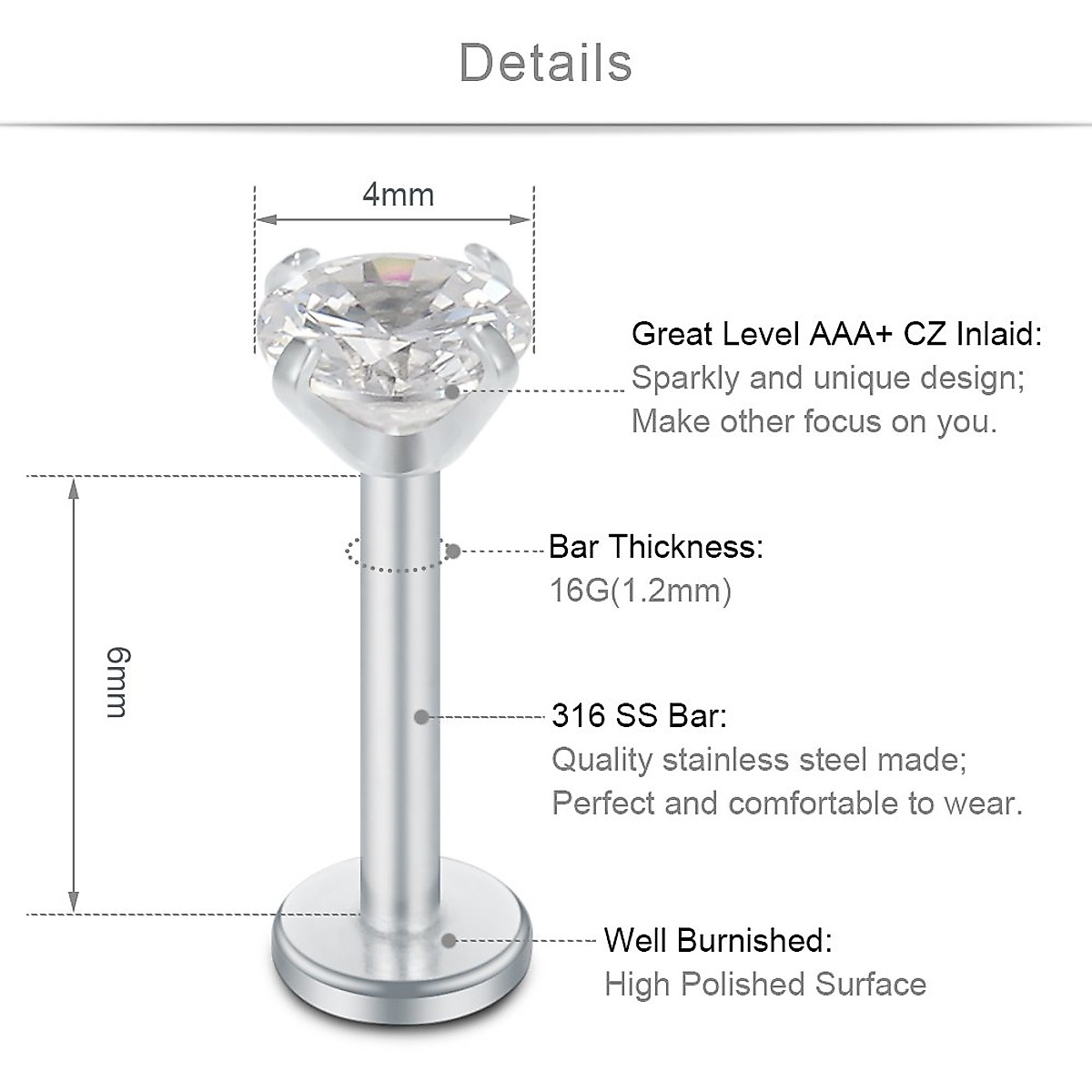 SCERRING 6PRS(12pcs) 16G 4mm Mix Color CZ Internally Threaded Labret Monroe Lip Ring Tragus Nail Helix Earring Stud Piercing Jewelry Bar Length 6mm