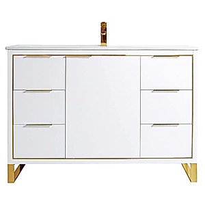 Fine Fixtures Opulence Collection 48 in. W x 20 in. D x 33 in. H Bathroom Vanity in White Matte with White Ceramic Sink - Satin Brass Hardware