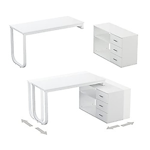 AIEGLE L-Shaped Computer Desk with 3 Drawers & Adjustable Shelves, Corner Study Desk Writing Table, Executive Workstation for Home Office, White (55.1" L x 41.3" W x 29.5" H)