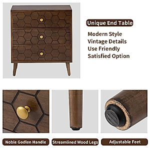 HOMPUS Modern End Table w Honeycomb Pattern, Nightstand w 3 Storage Drawers, Night stand w Walnut Wood Grain Finish, Small Chest of Drawers, Cabinet w 3 Drawers for Bedroom, Living Room, Brown