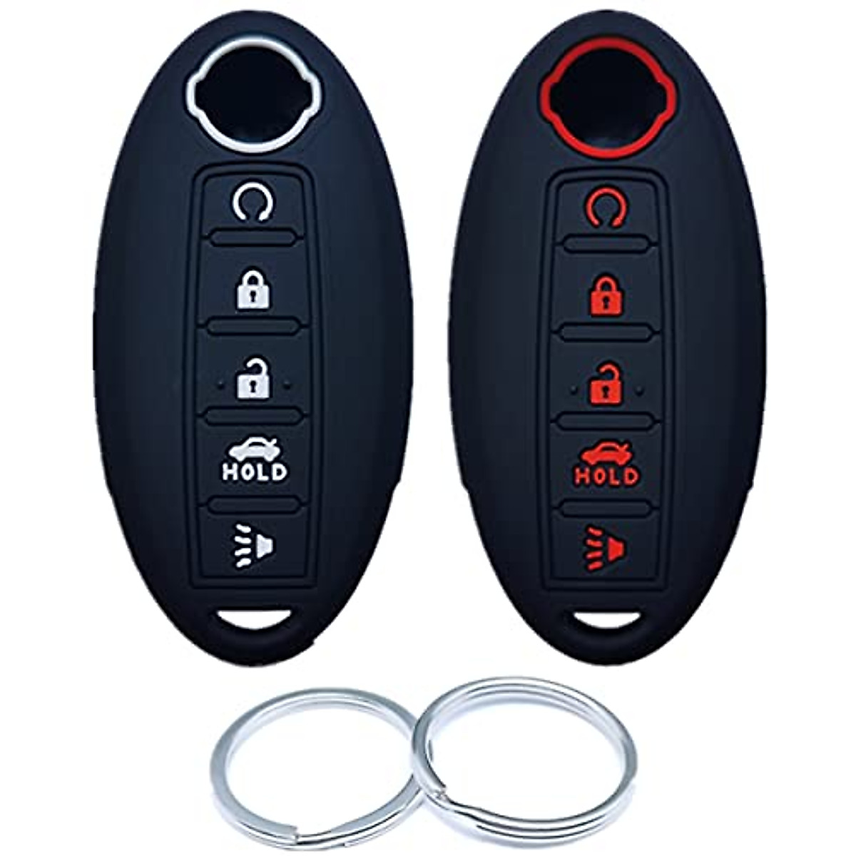 RUNZUIE 2Pcs 5 Buttons Silicone Smart Remote Key Fob Cover Compatible with 2022 2021 2020-2011 Nissan Armada Rogue Murano Maxima Altima Pathfinder 285E3-3TP5A KR5S180144014 Black/Black with Red